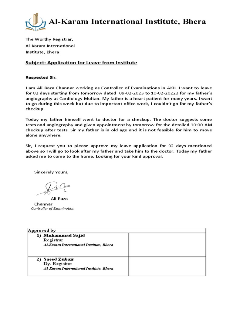 Leave Application for Father's Angiography | PDF