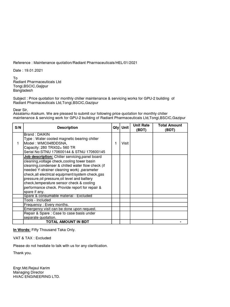 Monthly Maintenance Quotation of Radiant Pharmaceuticals LTD | PDF