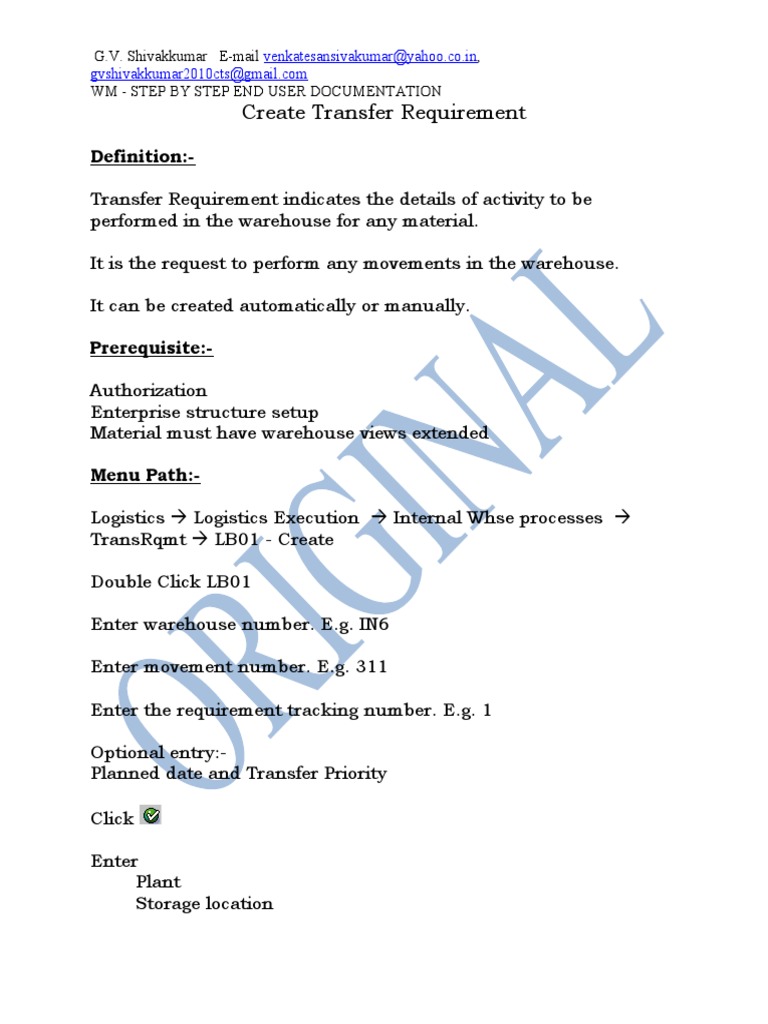 Warehouse Transfer Requirement Guide | PDF | Warehouse | Logistics