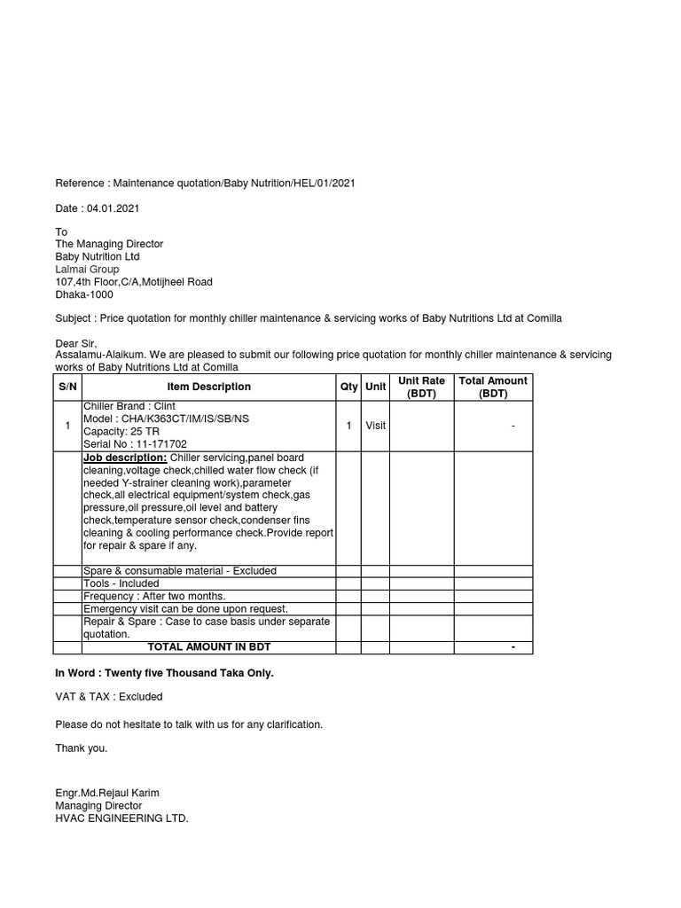 Monthly Maintenance Quotation For Baby Nutritions LTD | PDF