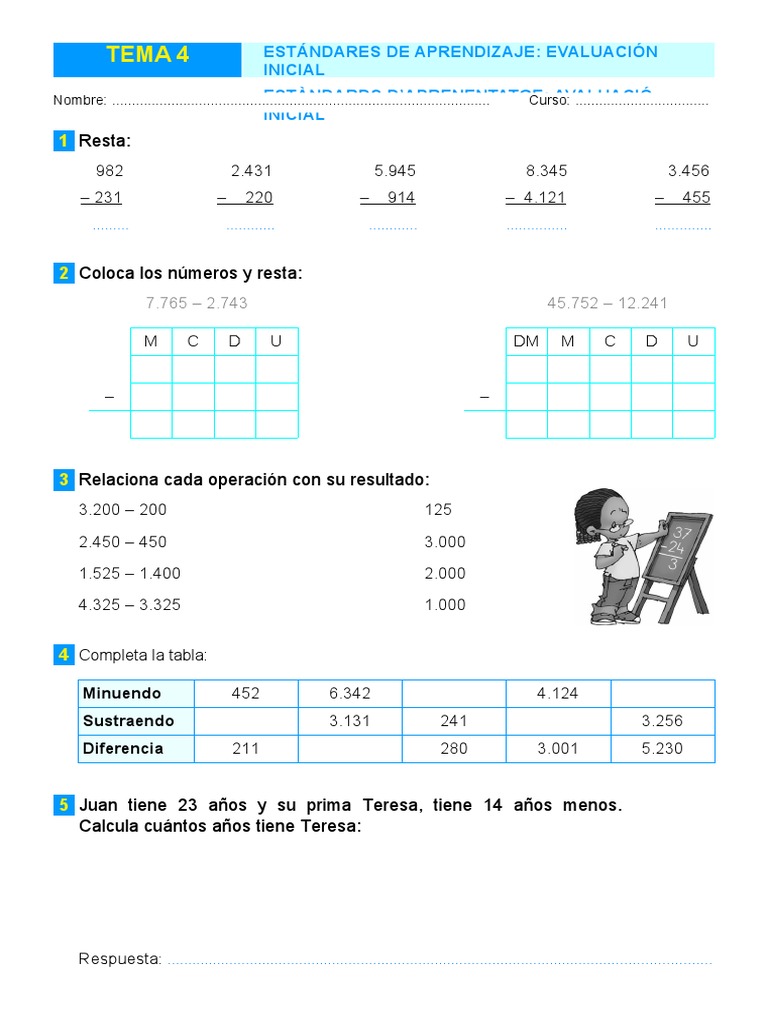 Matem 3 e Ev Tema 040 | PDF | Sustracción | Matemáticas