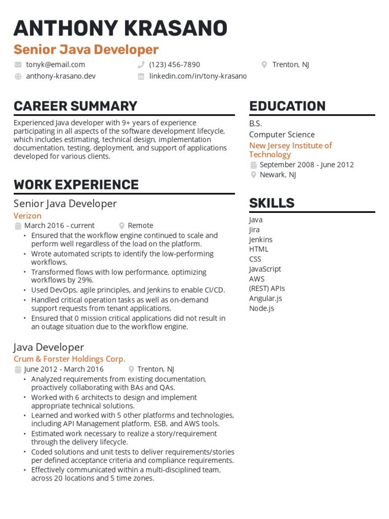 Experienced Senior Java Developer Resume | PDF | Software Engineering | Software Development