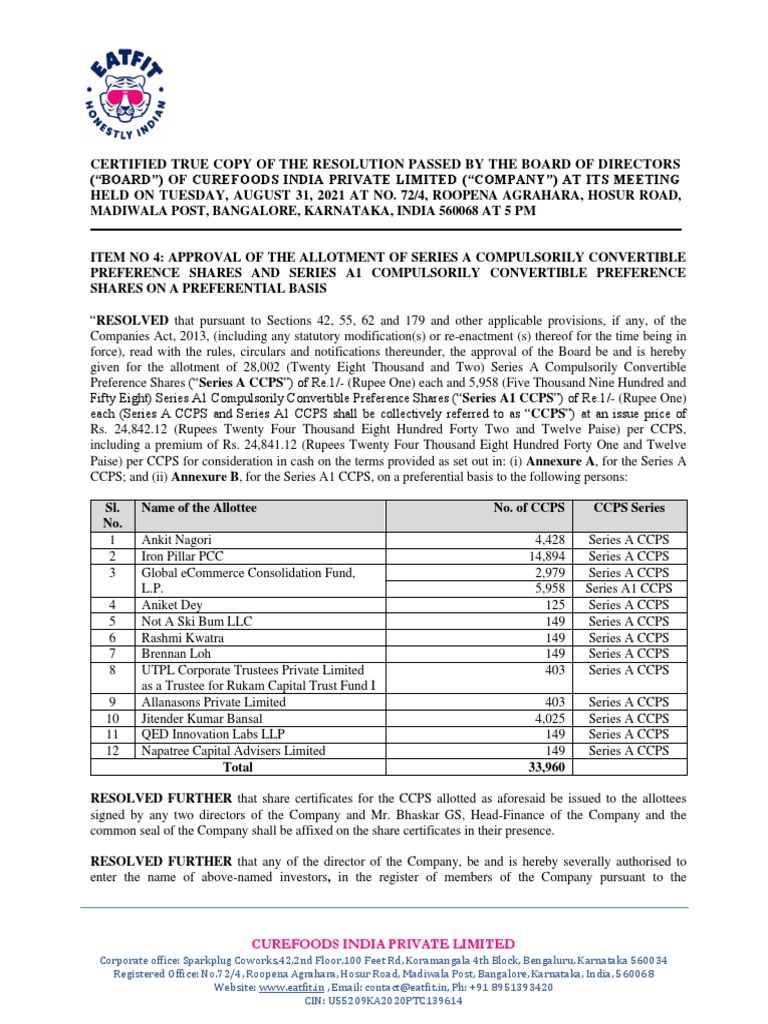 Curefoods India Private Limited Resolutions | PDF | Stocks | Securities ...