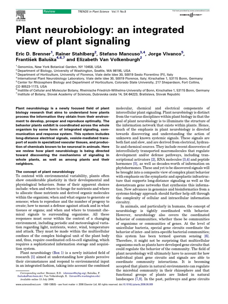 Plant Neurobiology: An Integrated View of Plant Signaling | PDF | Cell ...