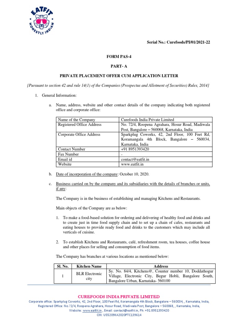 Curefoods - PAS-4 - Private Placement - Part A - 20aug2021 (Compare ...