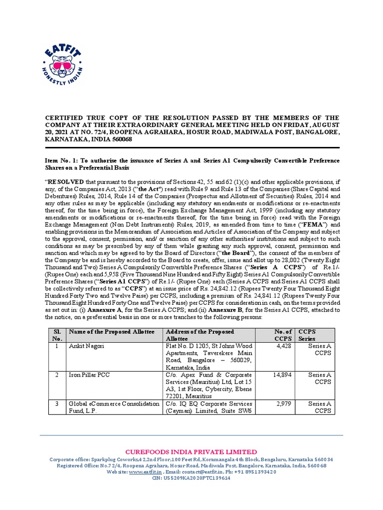 Curefoods - CTC Resolution and Explanatory Statement PDF | PDF | Stocks ...