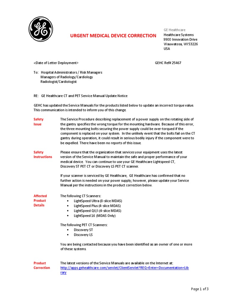 Urgent Correction For Service Manual Update Notice | PDF | Radiology ...