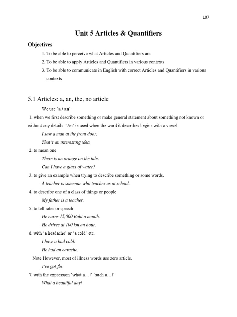 Unit 5 Articles - Quantifiers PDF | PDF | Dieting | Grammatical Number