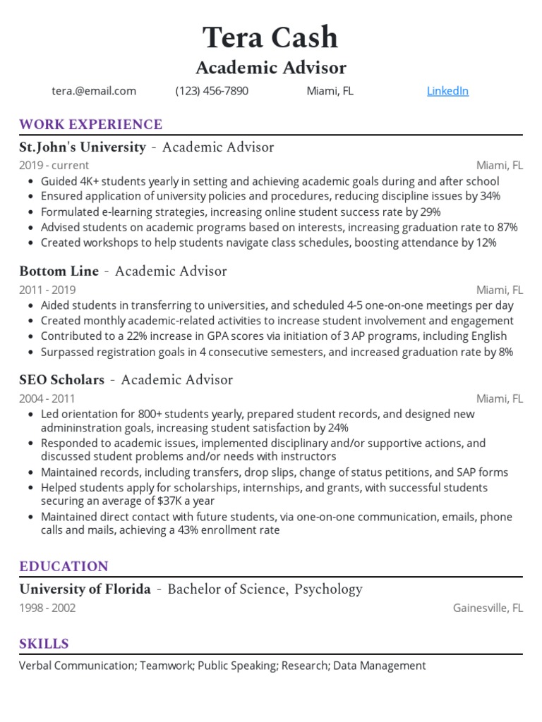 Academic Advisor Resume Example | PDF