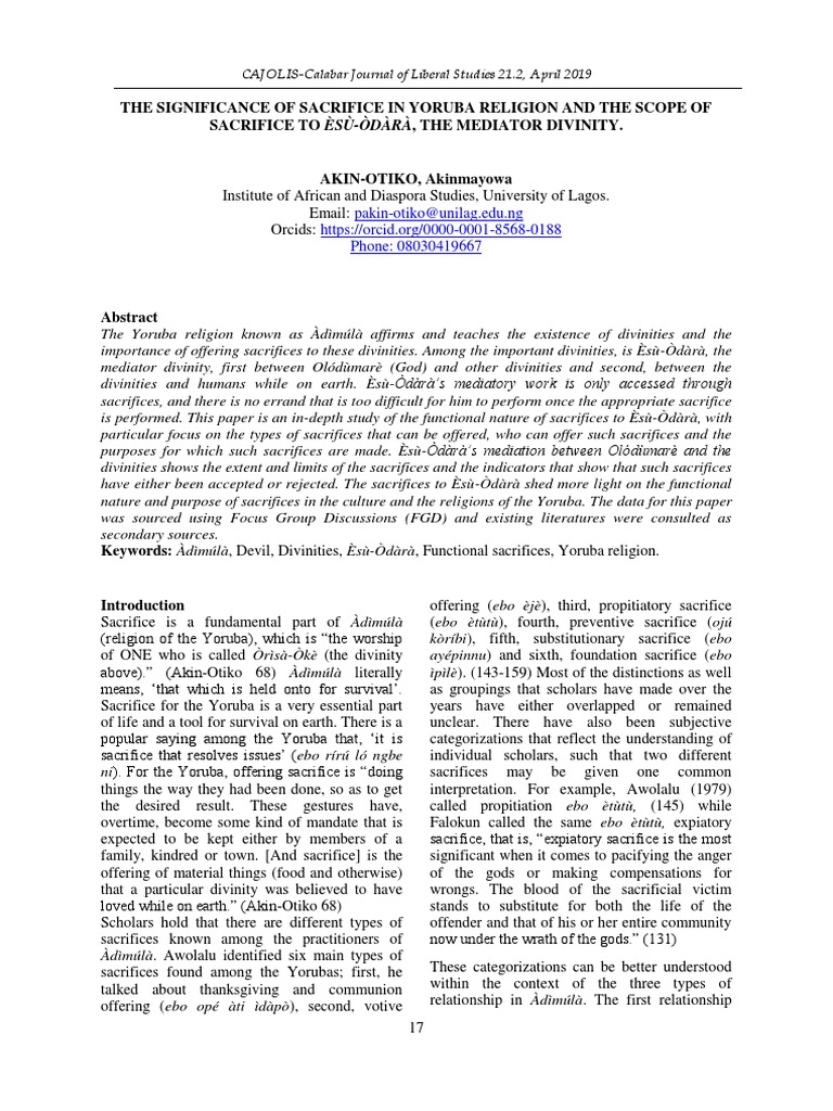 The Significance of Sacrifice in Yoruba Religion and The Scope of ...