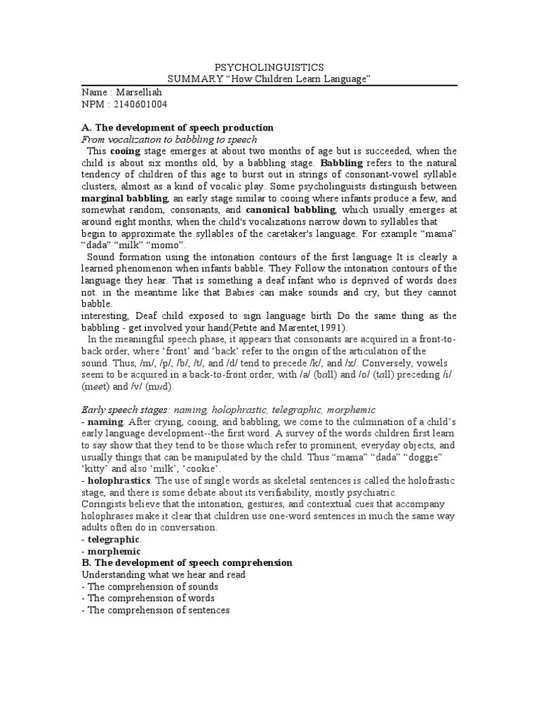 Summary How Children Learn Language | PDF | Behavioural Sciences ...