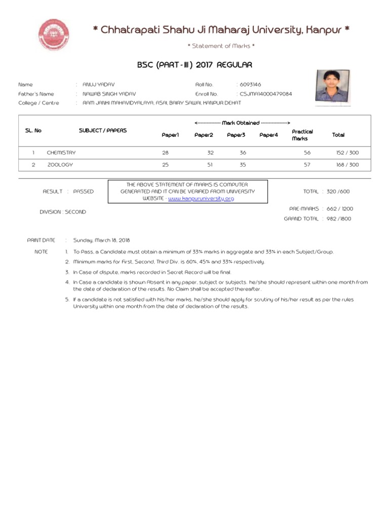 BSc Part-III Marks Statement | PDF