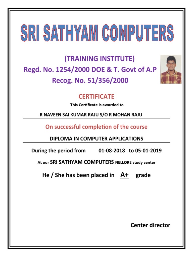 Diploma in Computer Applications Certificate | PDF