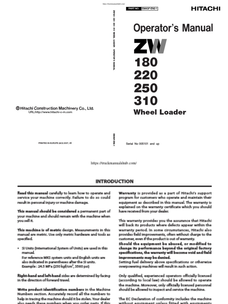 ZW180, 220,250, 310 - Operator's and Maintenance Manual PDF | PDF ...