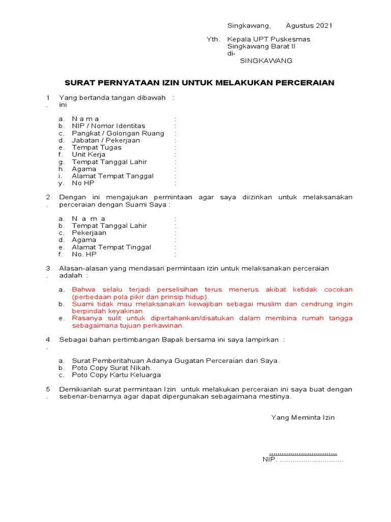 SURAT PERMOHONAN IZIN PERCERAIAN | PDF