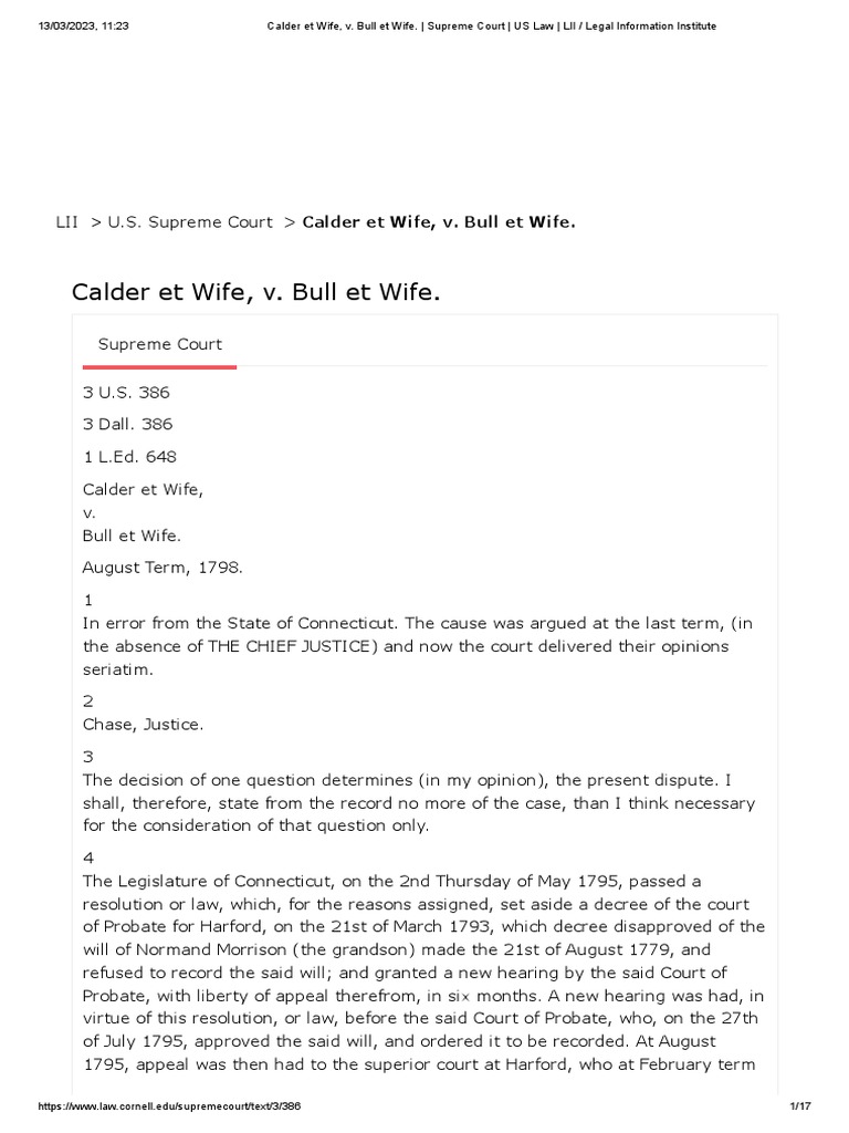 Calder Et Wife, v. Bull Et Wife. Supreme Court US Law LII Legal Information Institute | PDF
