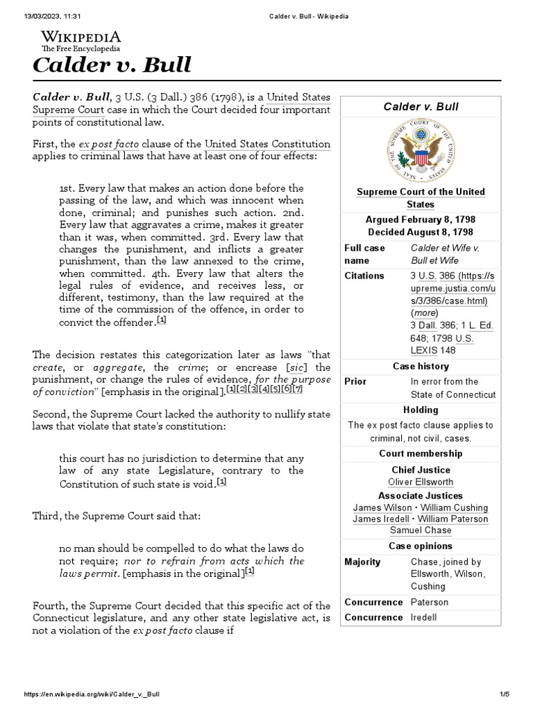 Calder v. Bull - Wikipedia | PDF | Separation Of Powers | Justice