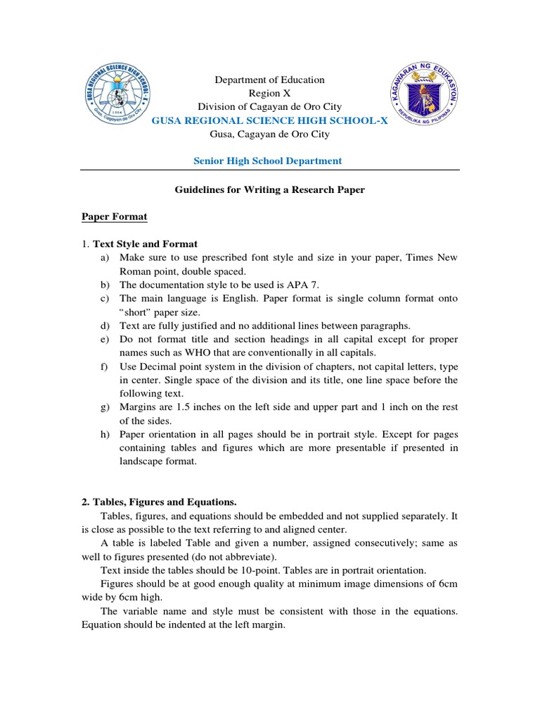 Gusa Regional Science High School-X: Guidelines For Writing A Research Paper | Download Free PDF ...