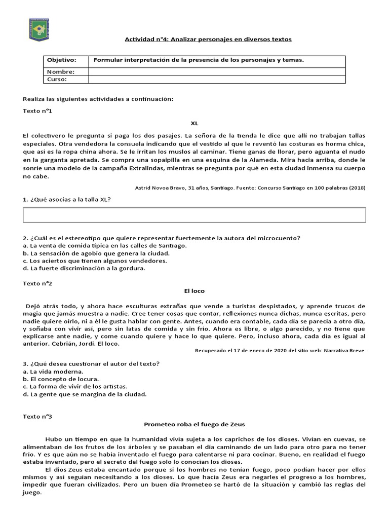 Actividad N°4 Analizar Personajes | PDF | Prometeo | Zeus