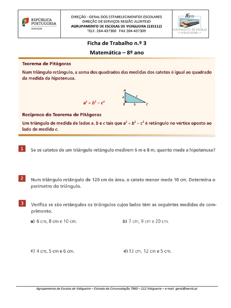 Ficha de Trabalho - Teorema de Pitágoras | PDF