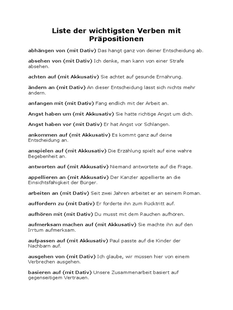 Liste Der Wichtigsten Verben Mit Präpositionen | PDF