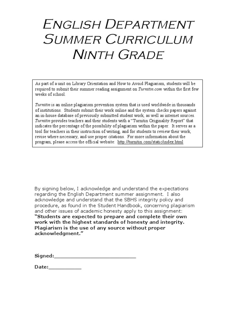 English Department Summer Curriculum Ninth Grade | PDF | Turnitin | Essays