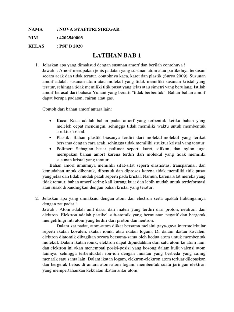 Latihan Bab 1 Fisika Zat Padat - Nova Syahfitri Siregar | PDF