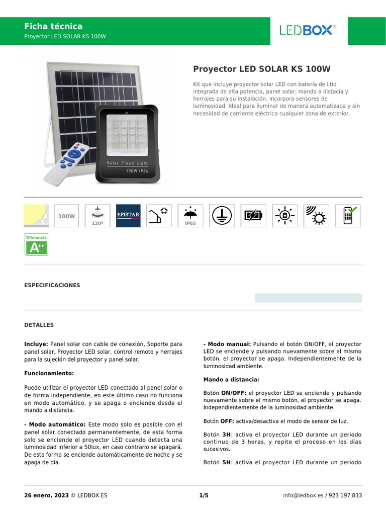 Proyector LED SOLAR KS 100W PDF | PDF | Diodo emisor de luz | Control remoto