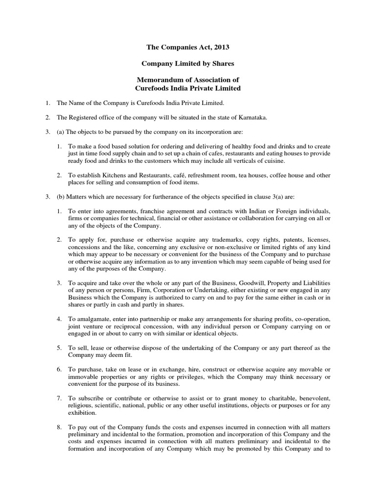 3 - Curefoods - MOA - Altered - October 9, 2021 PDF | PDF | Securities ...