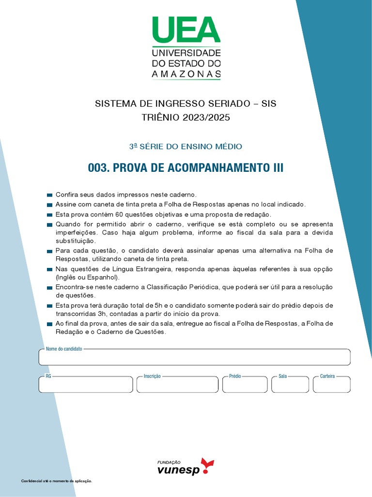 Prova Uea - Sis - 3 Ano - 2022 PDF | PDF