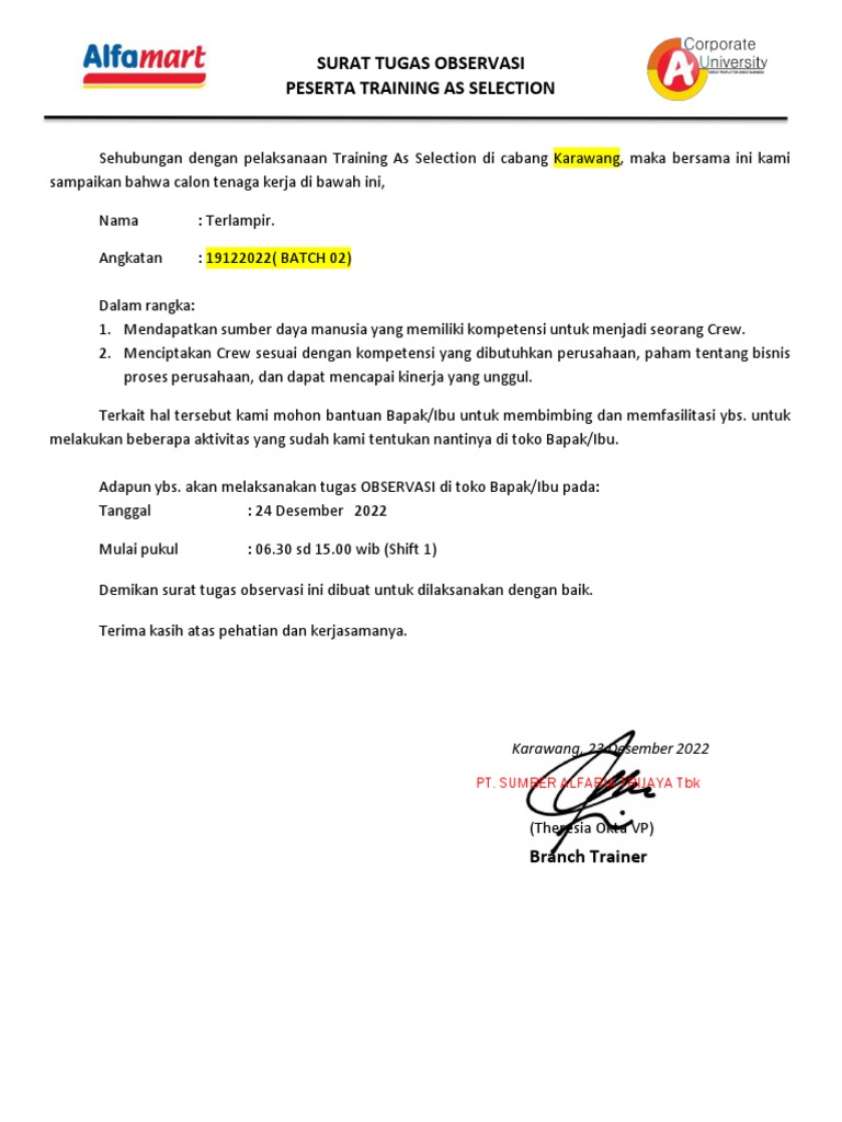 Surat Tugas Observasi Peserta TAS 19122022 (Batch 03) | PDF