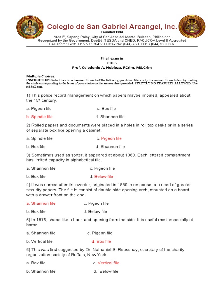 CDI 5 Final Exam Answer Key | PDF | Detention (Imprisonment) | Crime Scene