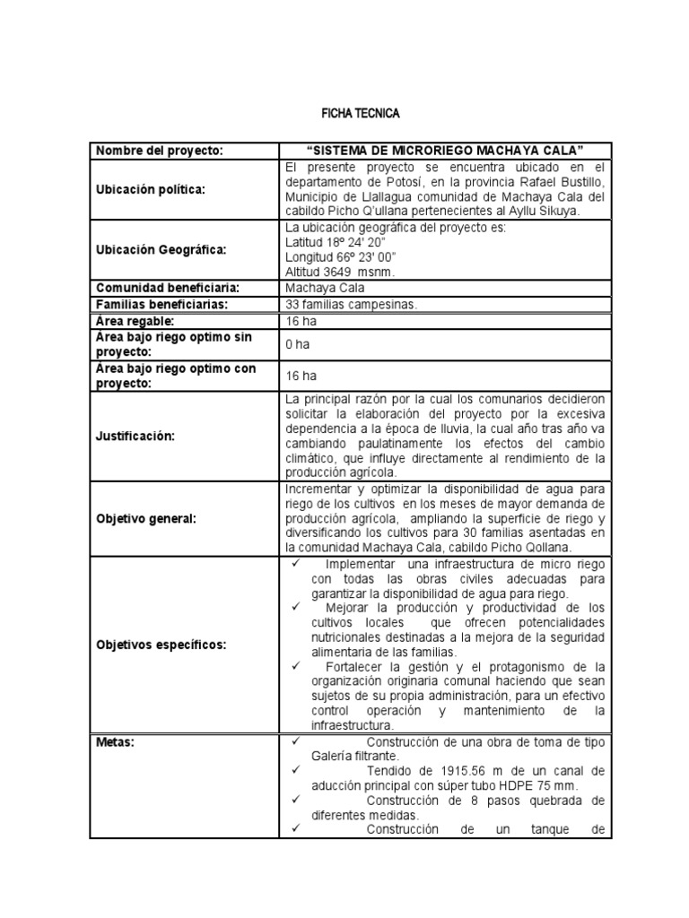 Ficha Tecnica Riego Machaya Cala | PDF | Riego | Agricultura