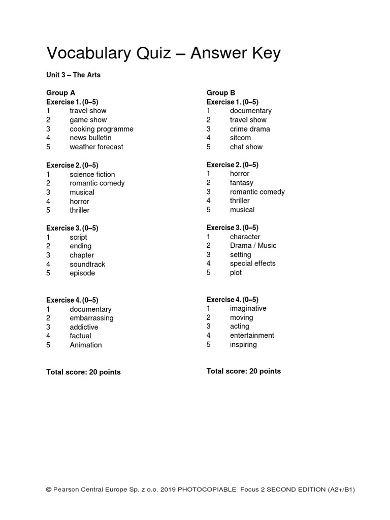 Focus 2 2ed Vocabulary Quiz Unit3 GroupA&B ANSWERS | PDF