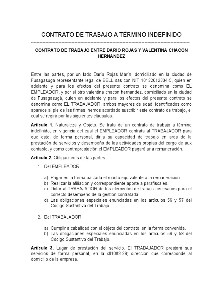 Contrato de Trabajo A Término Indefinido - Laboral | PDF | Salario ...