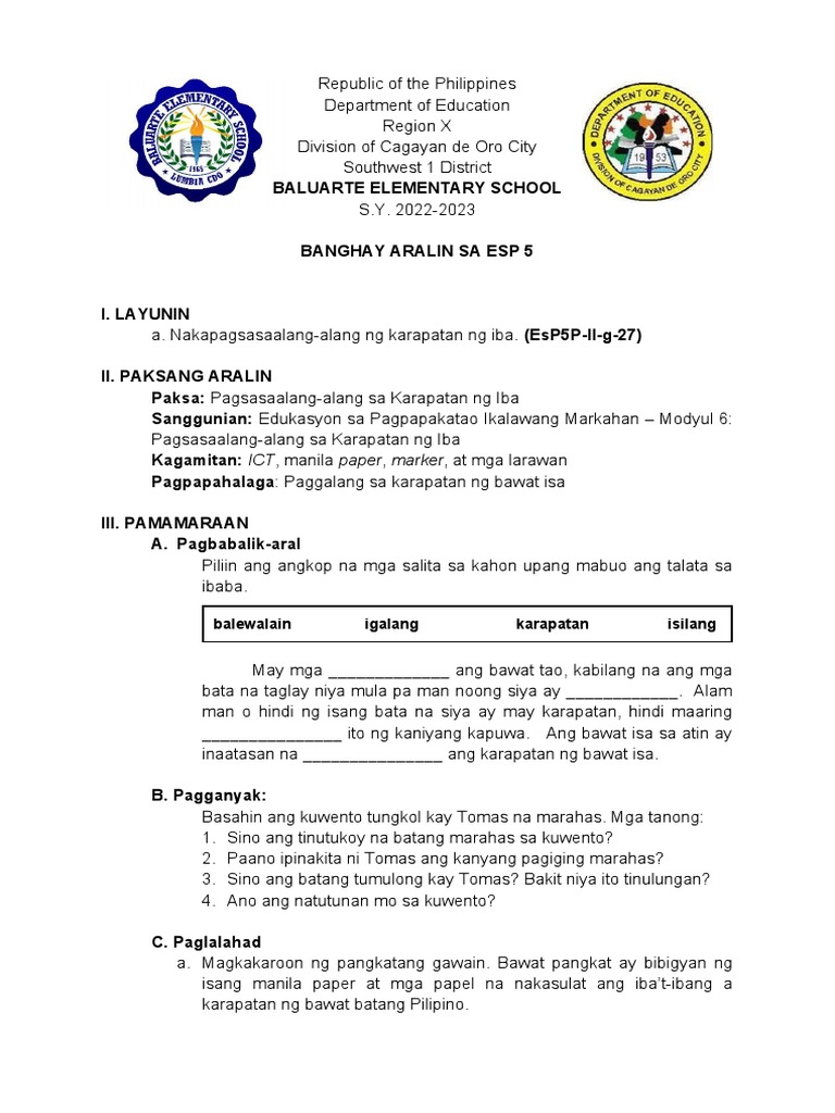 Banghay Aralin Sa ESP 5 | PDF