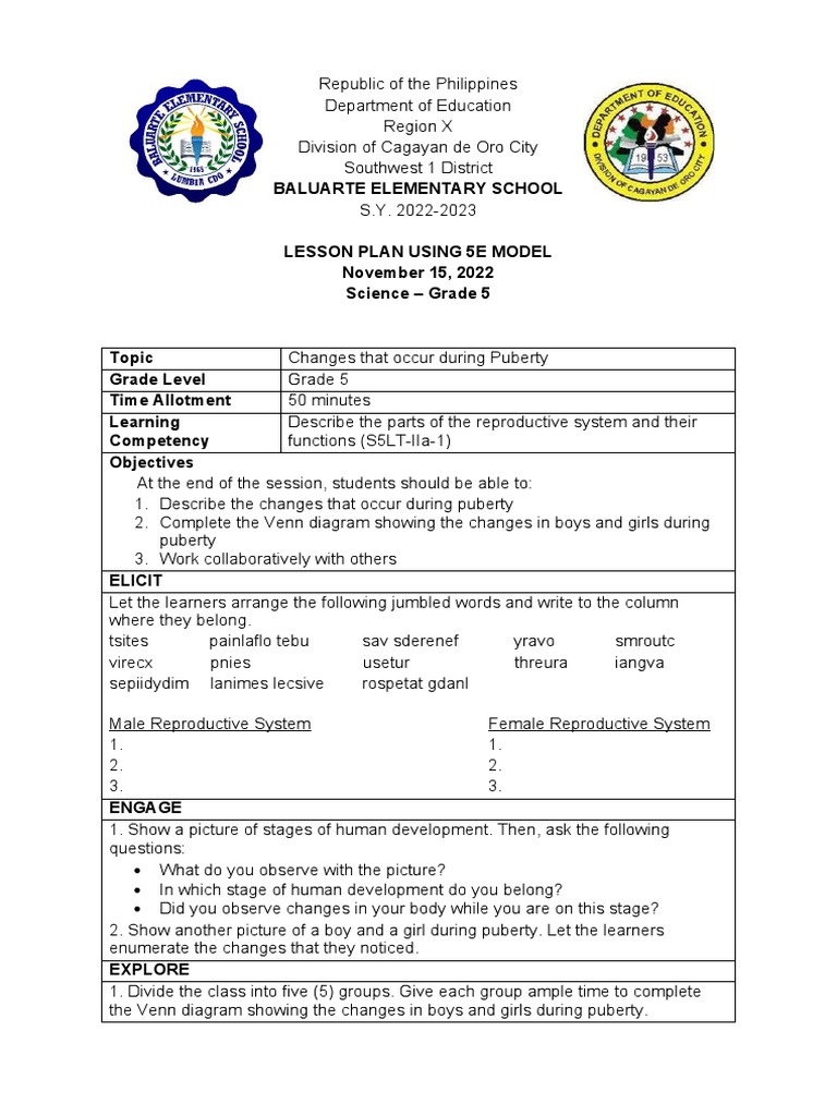 Lesson Plan in Science 5 Using 5E | PDF | Menstruation | Puberty