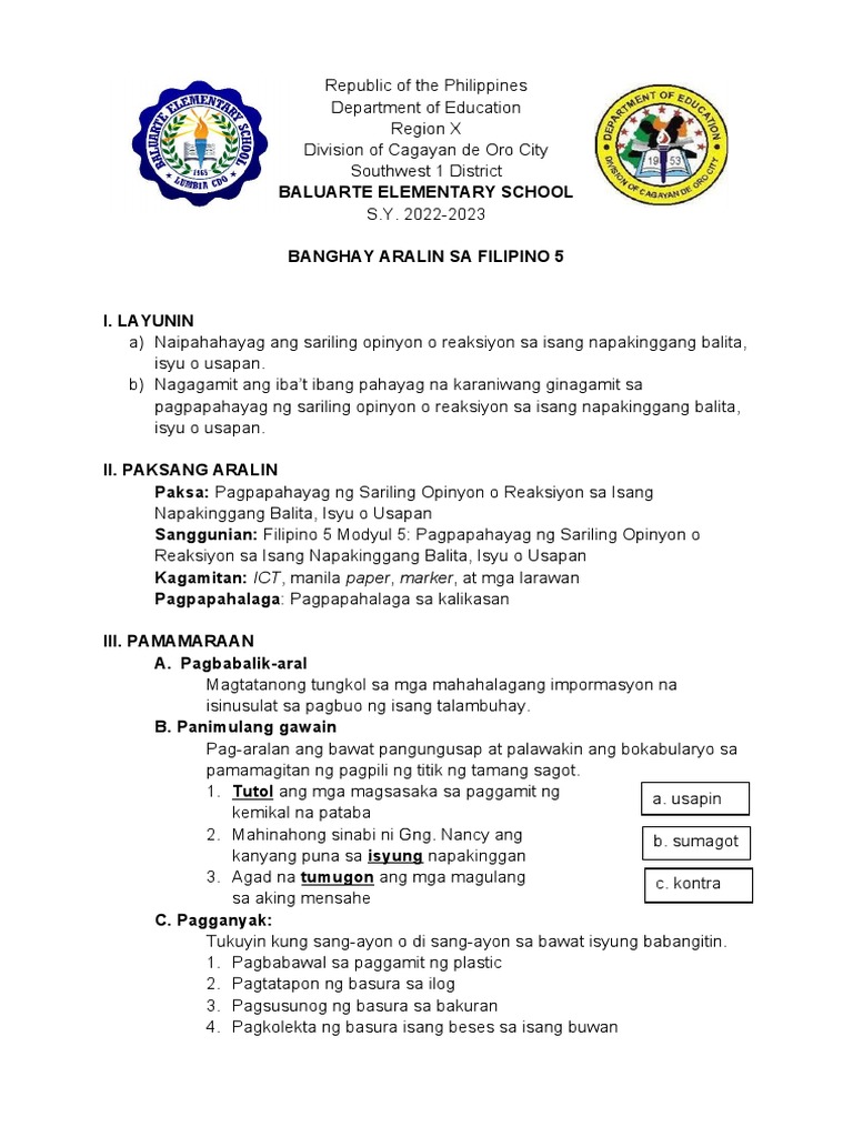 Banghay Aralin Sa Filipino 5 | PDF
