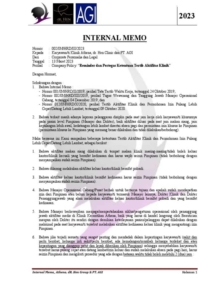 INTERNAL MEMO Reminder Dan Pertegas Ketentuan Tertib Aktifitas Klinik PDF | PDF