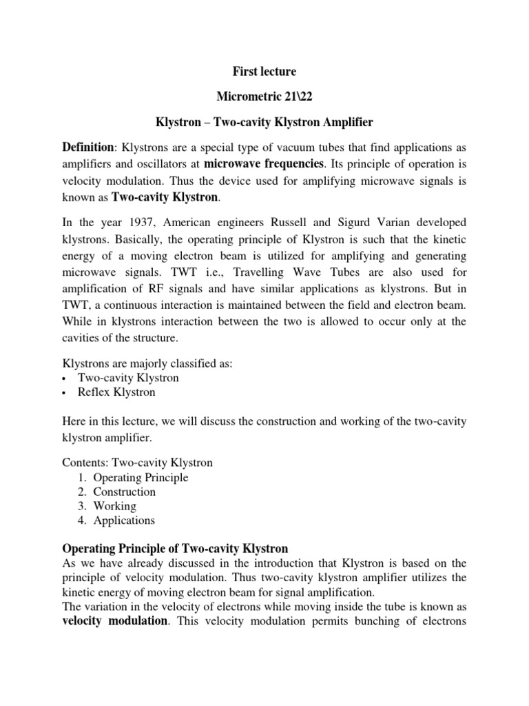 Klystron | PDF | Amplifier | Vacuum Tube