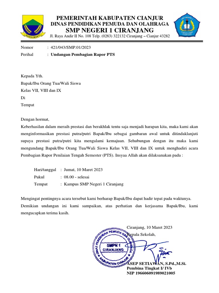 Undangan Bagi Raport PTS Sem 2 2023 | PDF