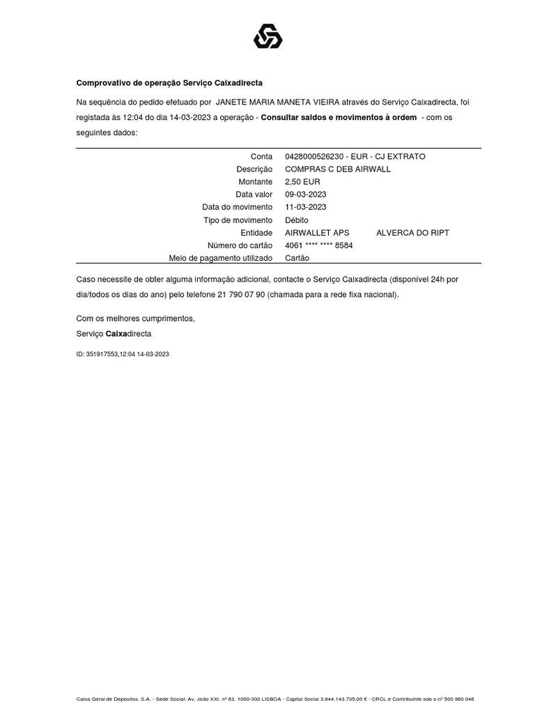 Comprovativo de Operação Caixadirecta | PDF