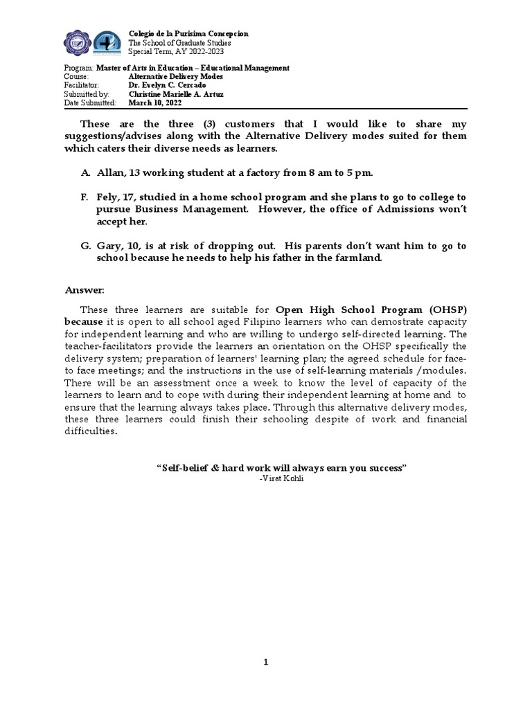 Alternative delivery modes for three diverse learners | PDF