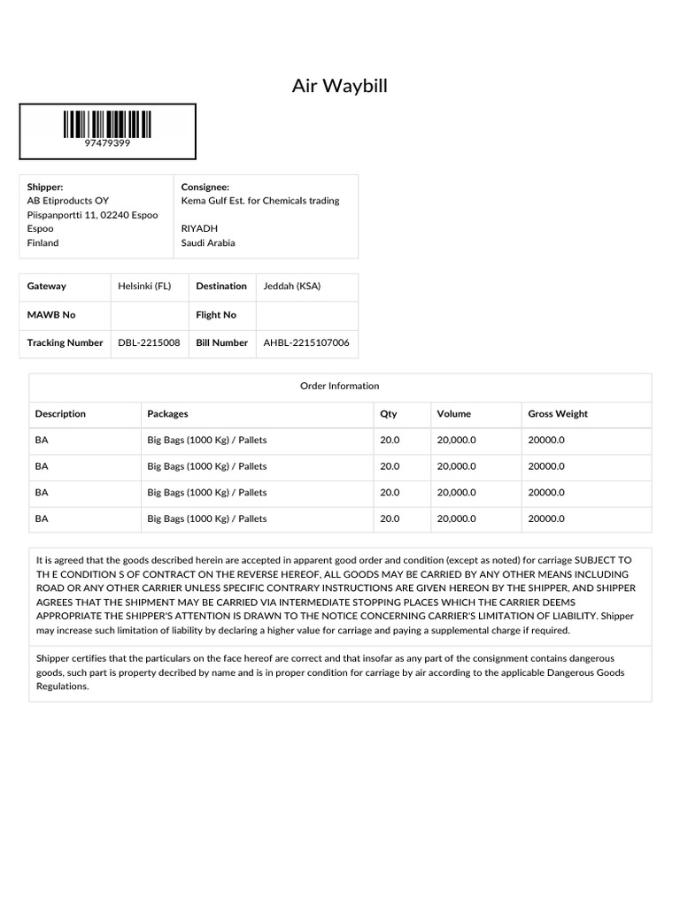 Air Waybill for AB Etiproducts OY | PDF