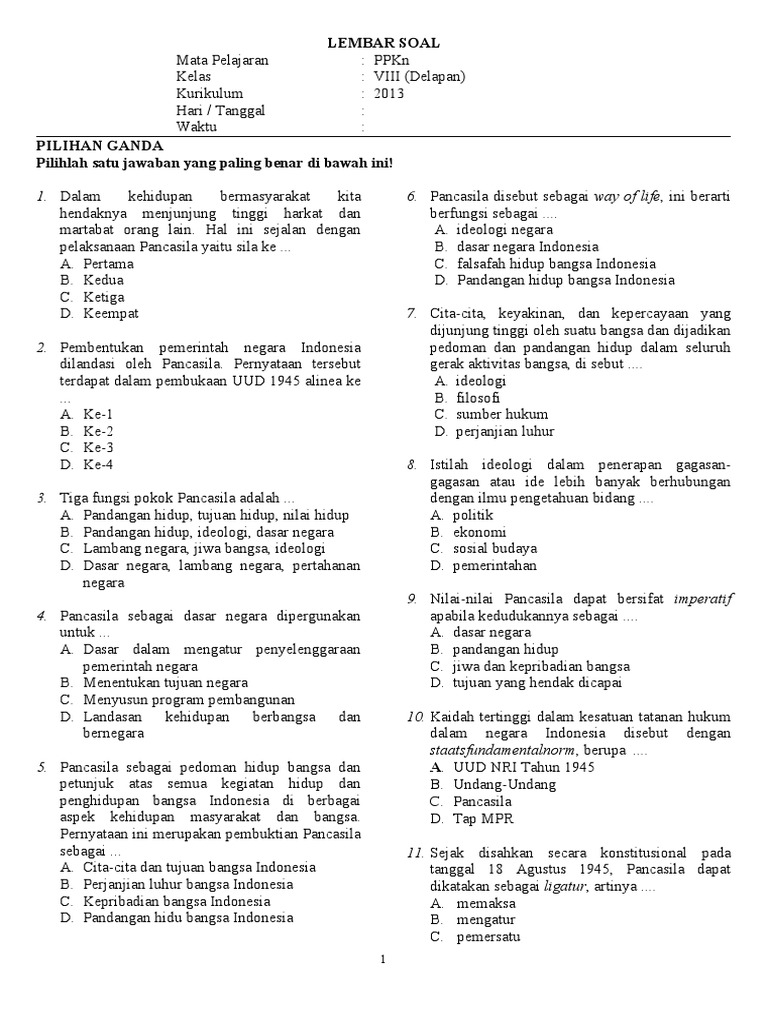 PPKn Soal Pilihan Ganda Pancasila | PDF