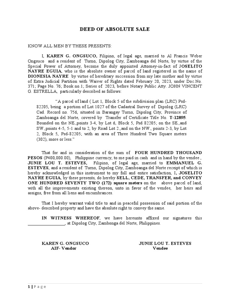 Deed of Sale of Seraspe | PDF | Law And Economics | Property Law