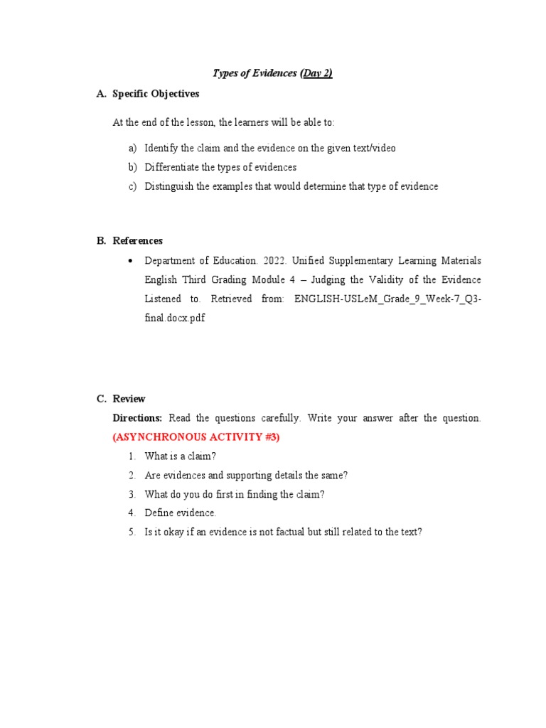 Day 2 G9 Learning Material (Week 4) | PDF | Essays | Evidence