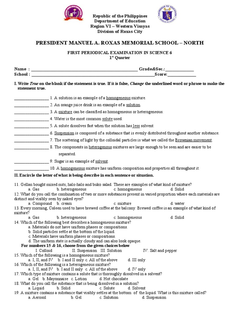 Science 6 Periodical Exam: Mixtures | PDF | Mixture | Chemical Substances