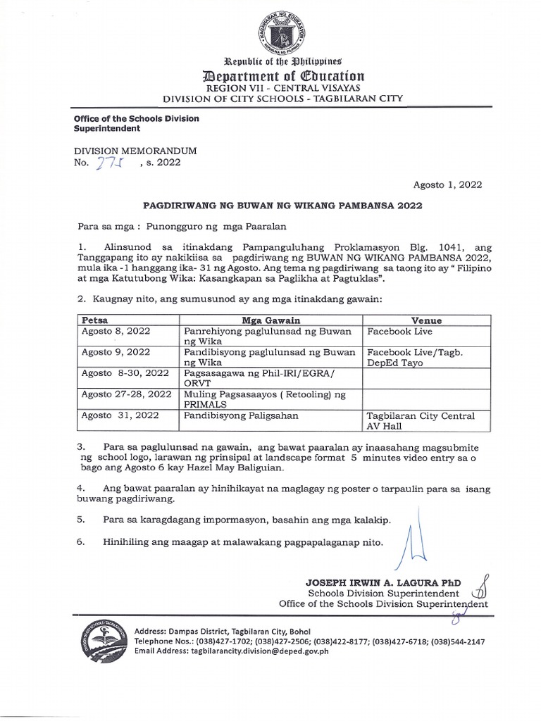 DM NO. 275 S. 2022 PAGDIRIWANG NG BUWAN NG WIKANG PAMBANSA 2022 | PDF