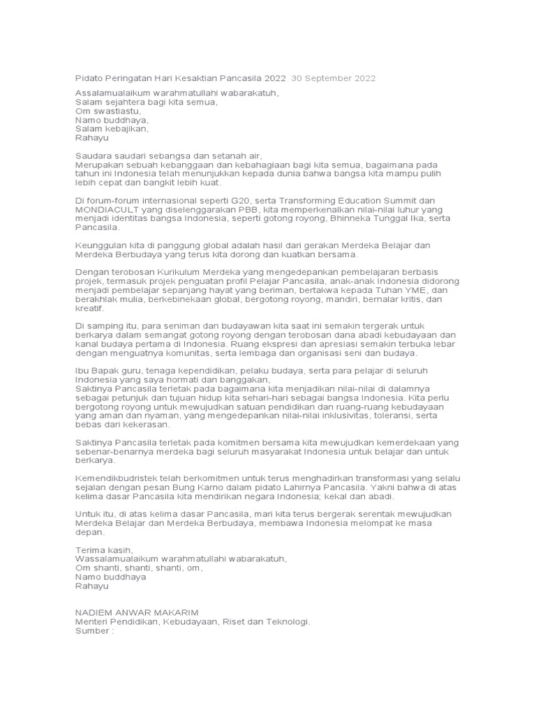 Pidato Peringatan Hari Kesaktian Pancasila 2022 | PDF | Perjalanan